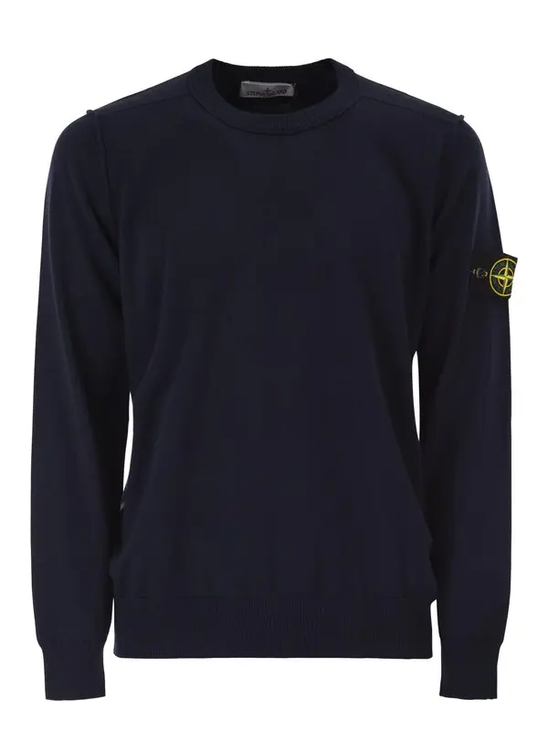 Stone Island Crew Neck Jumper With Small Lapel In Organic Cotton - Blue