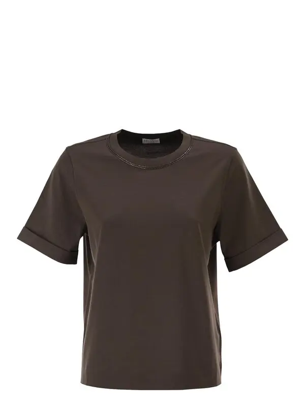 Brunello Cucinelli Cotton Jersey T-shirt With Embellished Crew Neck - Brown