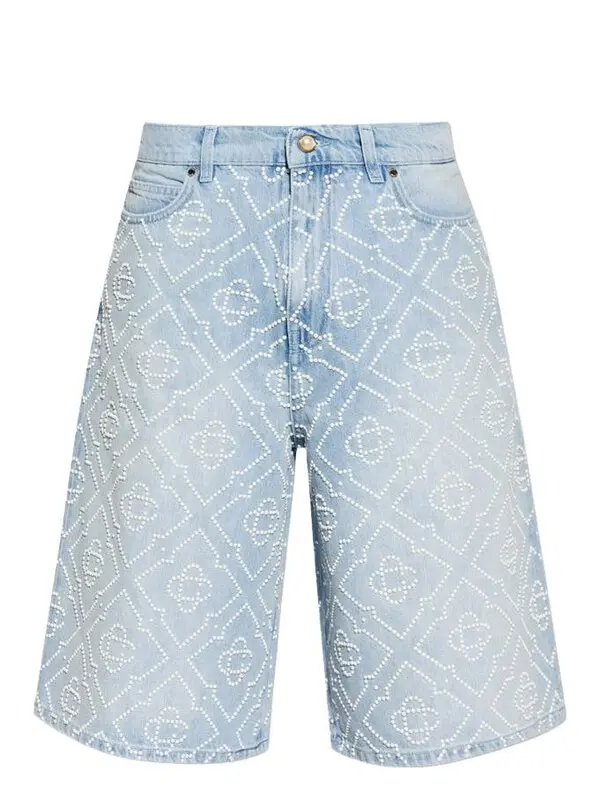 Casablanca Light Cotton Monogram Beaded Denim Shorts - Blue