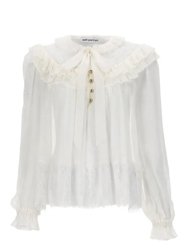 SELF-PORTRAIT Georgette Blouse With Ruffles And Pussy Bow - White
