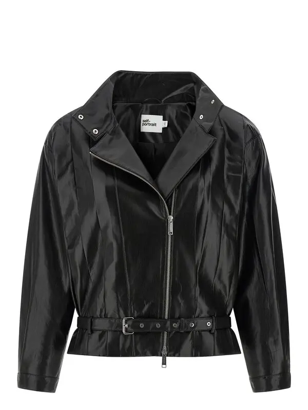 SELF-PORTRAIT Leather Effect Biker Jacket With Pleating And Belt Detail - Black