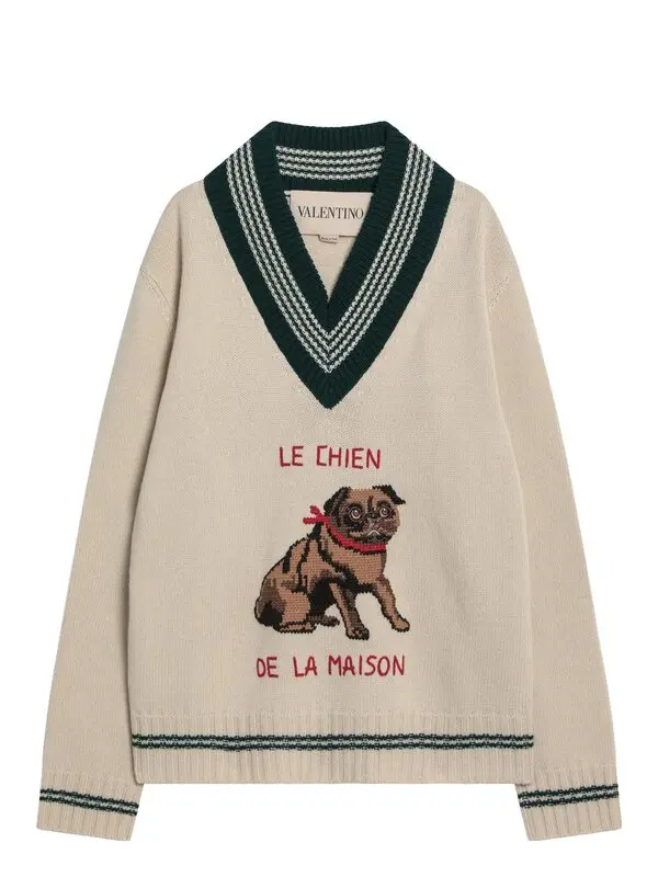 Valentino Garavani Le Chien De La Maison" Embroidered Virgin Wool Sweater - Cream