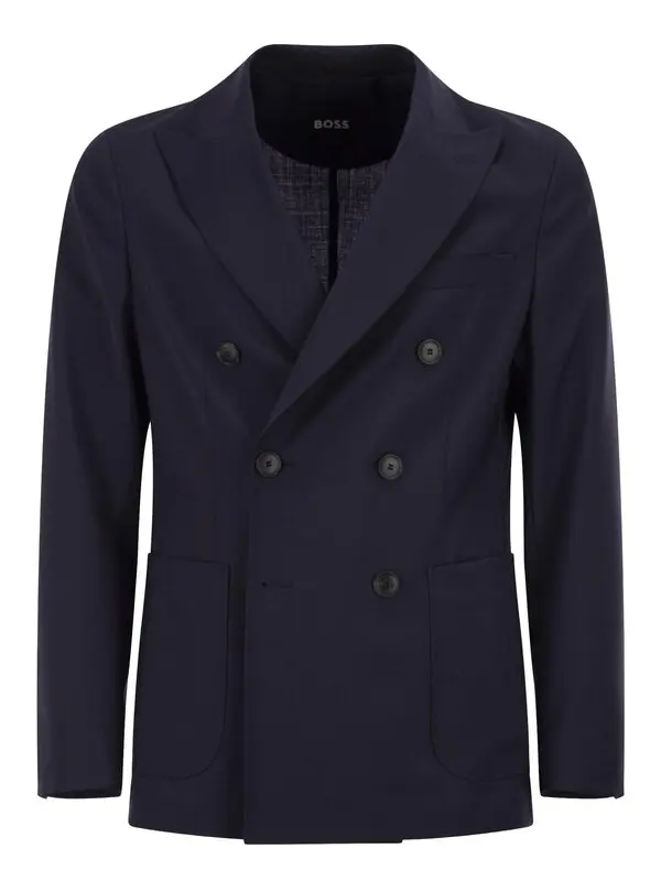 BOSS Double-breasted Blazer In Virgin Wool - Blue