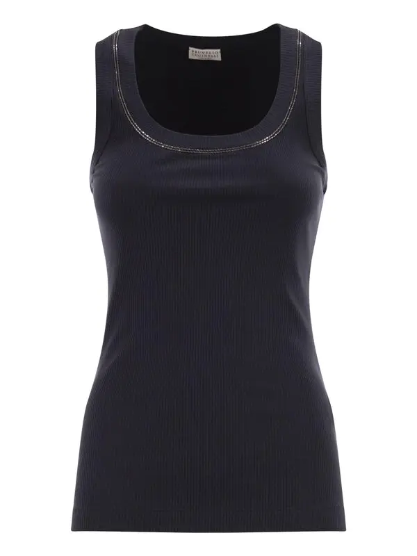 Brunello Cucinelli Sleeveless Ribbed Cotton Top With Jewelled Trim - Blue