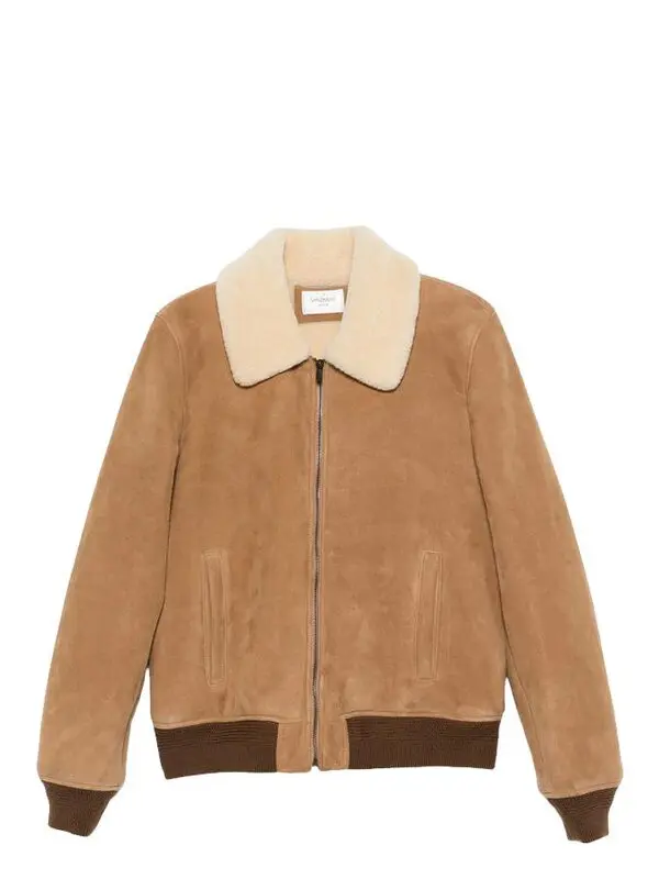 Saint Laurent Suede Bomber Jacket With Fur Collar - Brown