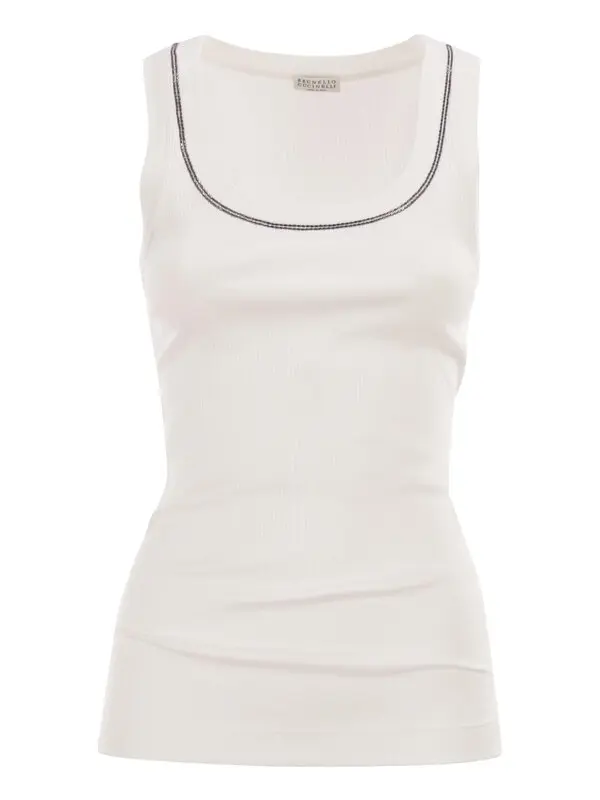 Brunello Cucinelli Sleeveless Ribbed Cotton Top With Jeweled Trim - White