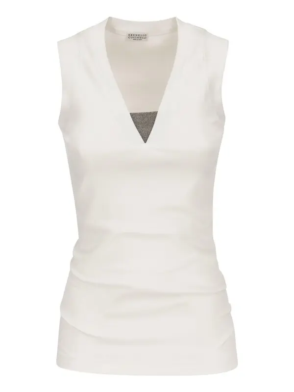 Brunello Cucinelli Ribbed Jersey V-neck Top With Embellished Insert - White