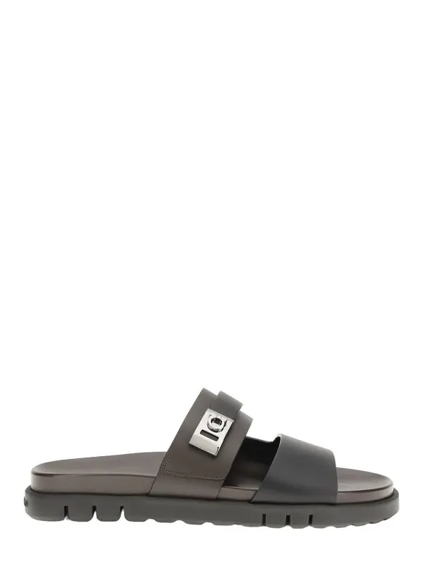 FERRAGAMO Double Strap Leather Sandals With Gancini Detail - Black