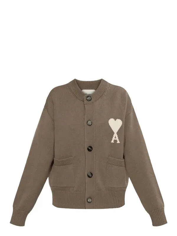 Ami Taupe Beige Cotton Wool Cardigan With Heart Motif - Cream