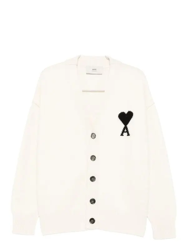 AMI Paris Taupe Beige Cotton Wool Cardigan With Heart Motif - Cream