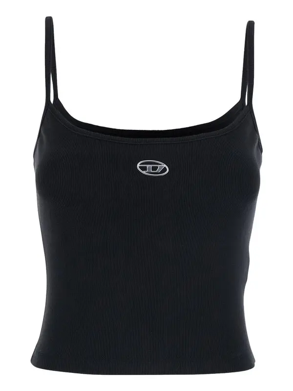 DIESEL® Dlogo Plaque Ribbed Cotton Top - Black