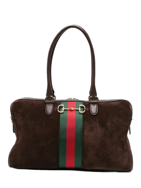Gucci Suede Shoulder Bag With Horsebit Detail And Web Stripe - Brown