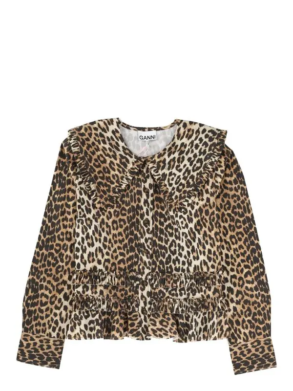 GANNI Leopard Print Ruffled Collar Shirt - Multicolor