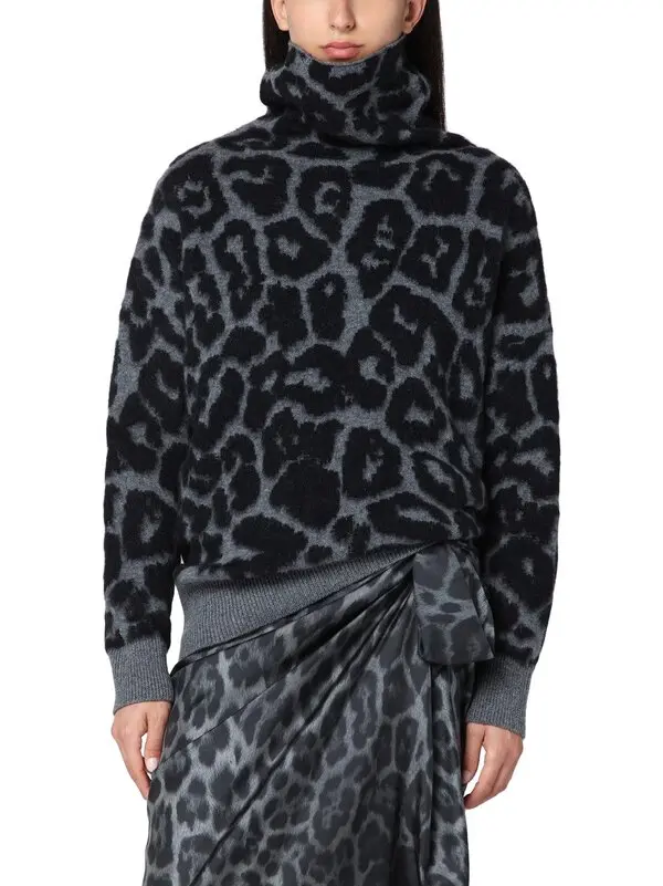 Stella McCartney Leopard Print Wool Turtleneck Sweater - Black