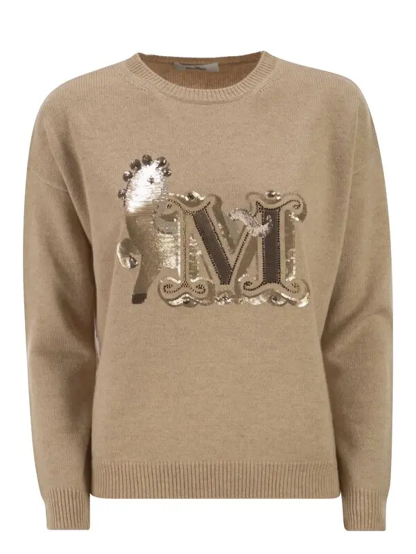 Max Mara Oversized Wool And Cashmere Jumper With Sequin Embellished Monogram - Cream