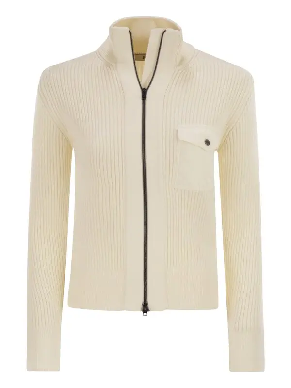 Herno Wool Ribbed Cardigan With Stand-up Collar And Chest Pocket - White