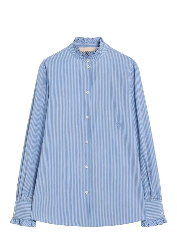 Valentino Garavani Striped Cotton Shirt With Ruffled Collar And Cuffs - Blue