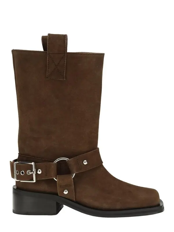 GANNI Suede Biker Boots With Square Toe And Block Heel - Brown
