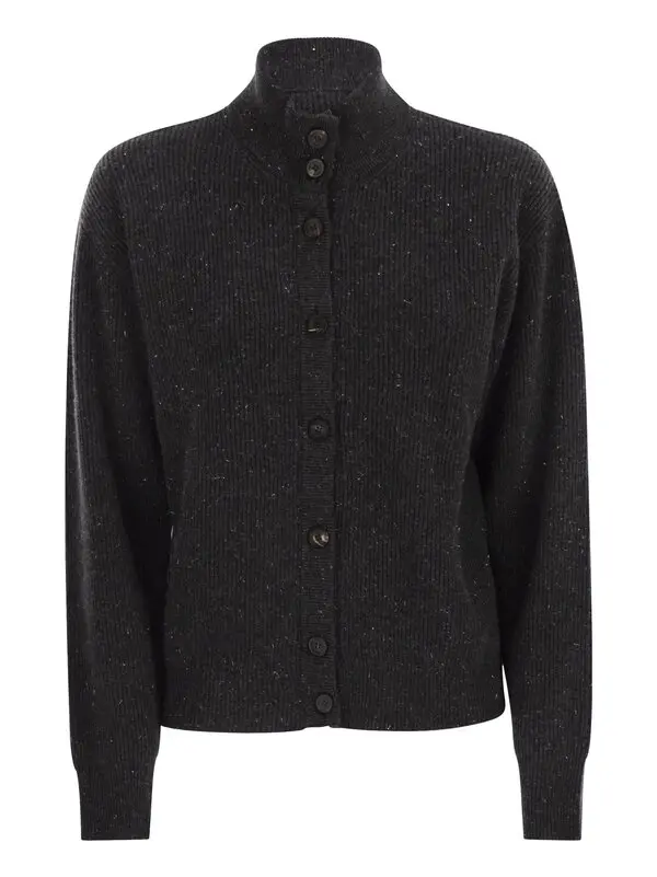 Peserico Cardigan In Wool, Silk, And Cashmere Blend With High Neck And Button Detail - Gray