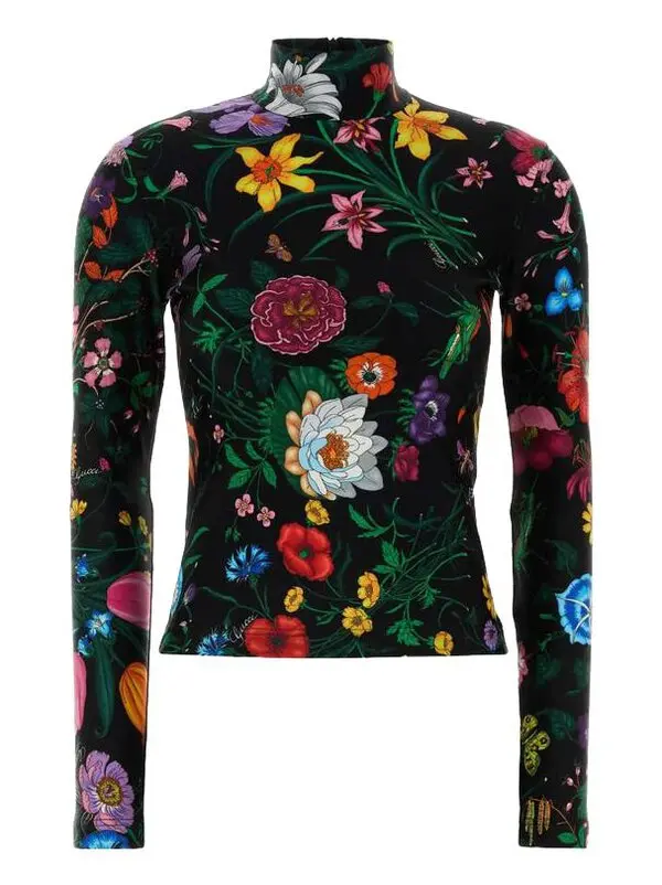 Gucci Floral Print High Neck Long Sleeve Top - Black