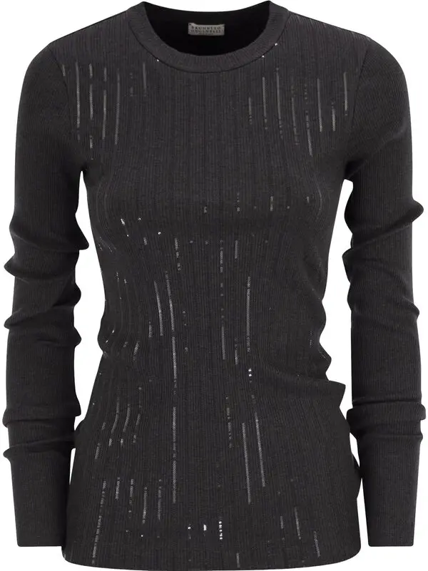Brunello Cucinelli Cotton Jersey T-shirt With Dazzling Chalk Stripe Embroidery - Multicolor