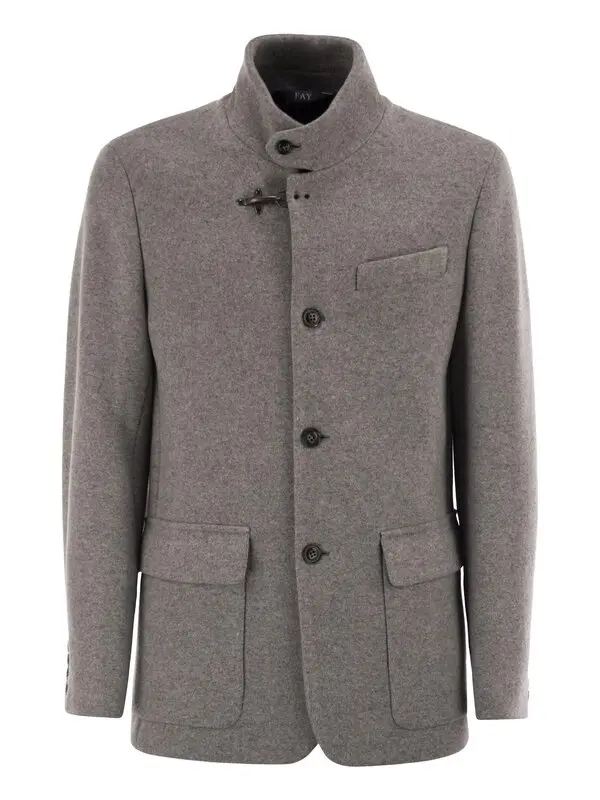 FAY Wool Blend Pea Coat With Herringbone Pattern - Gray