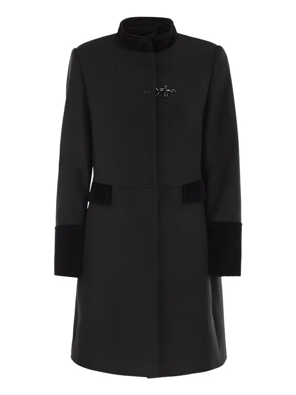 FAY Wool Blend Coat With Velvet Trim - Black