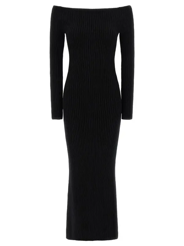 Max Mara Ribbed Off-the-shoulder Long Sleeve Maxi Dress In Wool And Cashmere Blend - Black