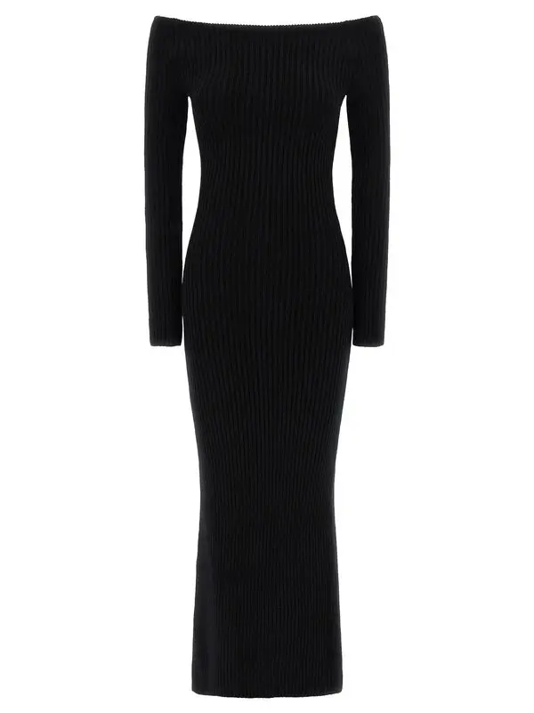 Max Mara Ribbed Off-the-shoulder Long Sleeve Maxi Dress In Wool And Cashmere Blend - Black
