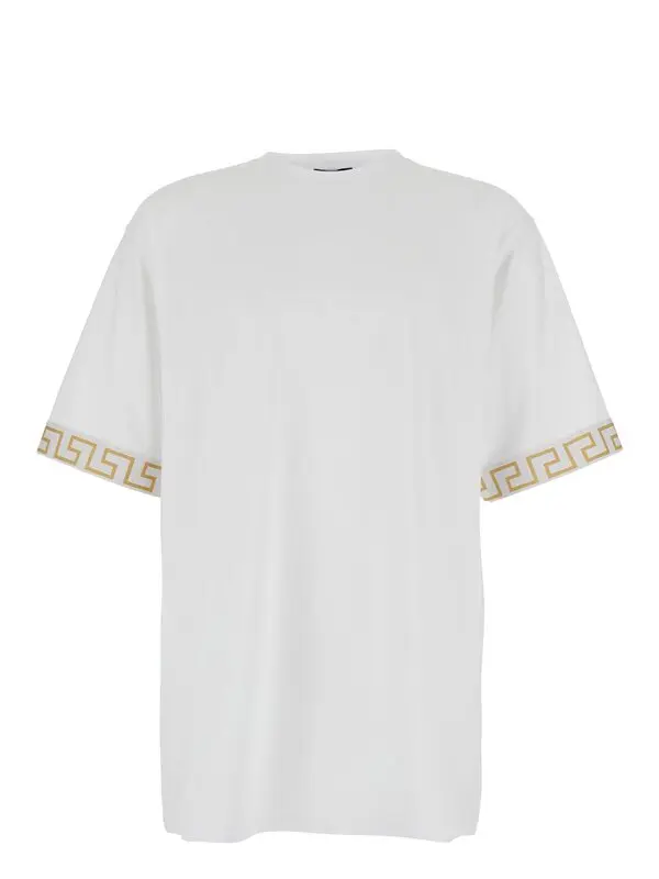 Versace Crew Neck T-shirt With Greca Motif On The Sleeves In Tech Fabric White - Multicolor