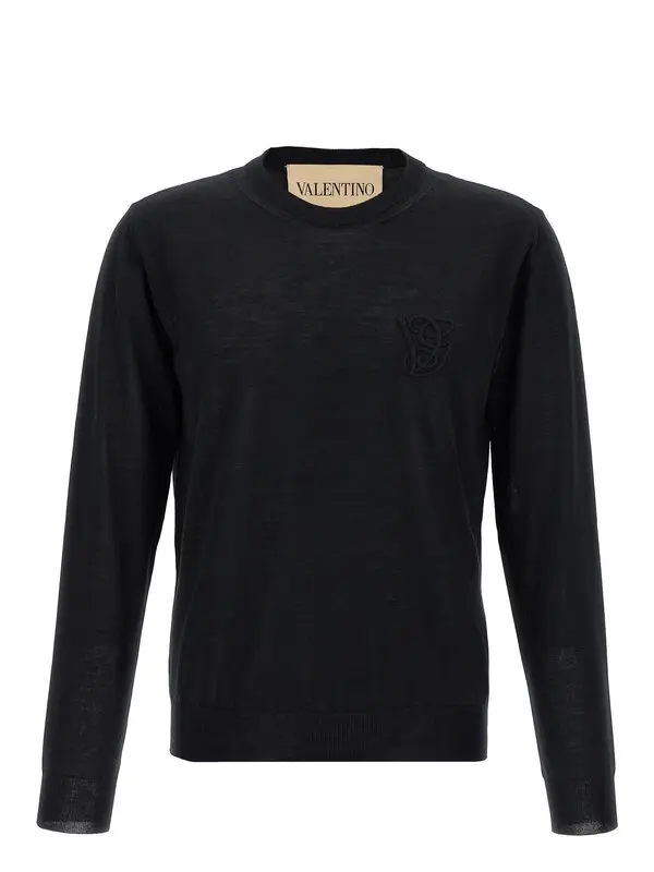 Valentino Garavani Crew Neck Logo Embroidered Sweater - Black