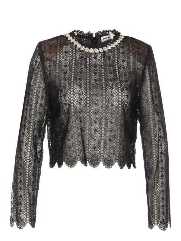 SELF-PORTRAIT Organza Lace Top With Crystal Embellishments - Black