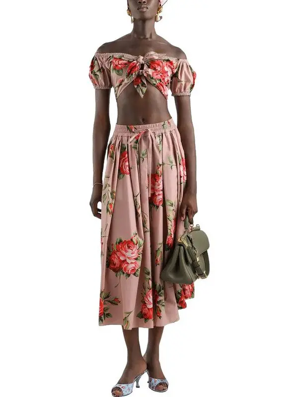 Dolce & Gabbana Off-shoulder Bouquet Rose Print Blouse - Pink