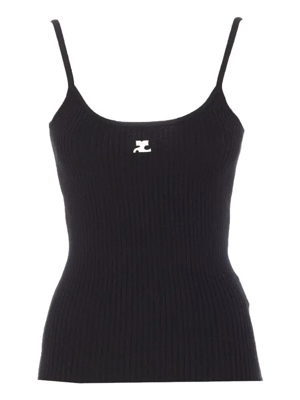 COURREGES Ribbed Embellished Logo Tank Top - Black