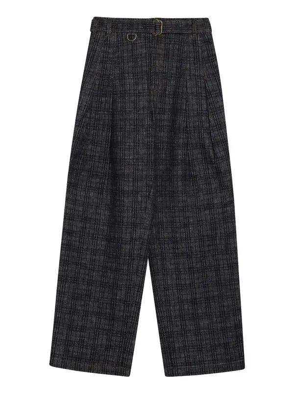 Burberry Indigo Check Pattern Wide Leg Pleated Jeans - Blue