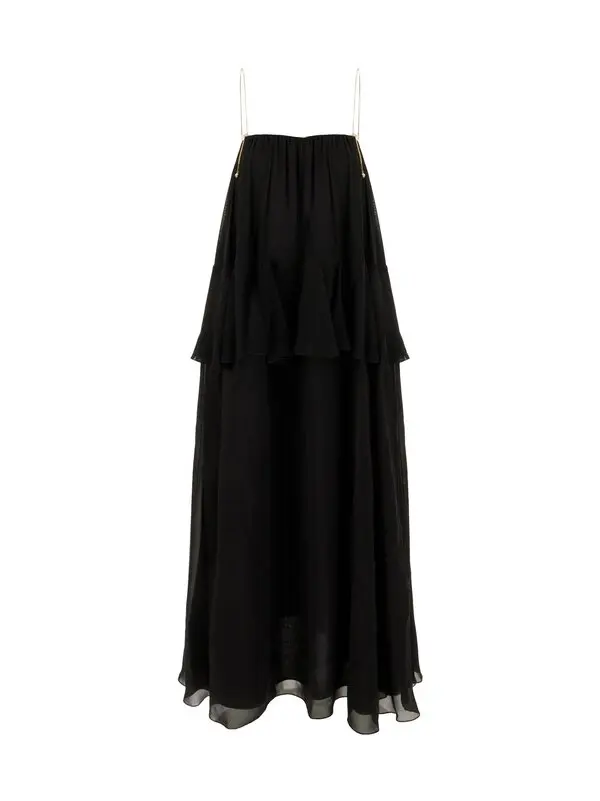 Chloé Black Ruffled Midi Dress With Gold Tone Chain Detail - Multicolor