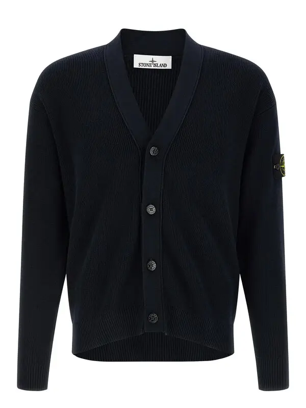 Stone Island Ribbed V-neck Cardigan - Blue
