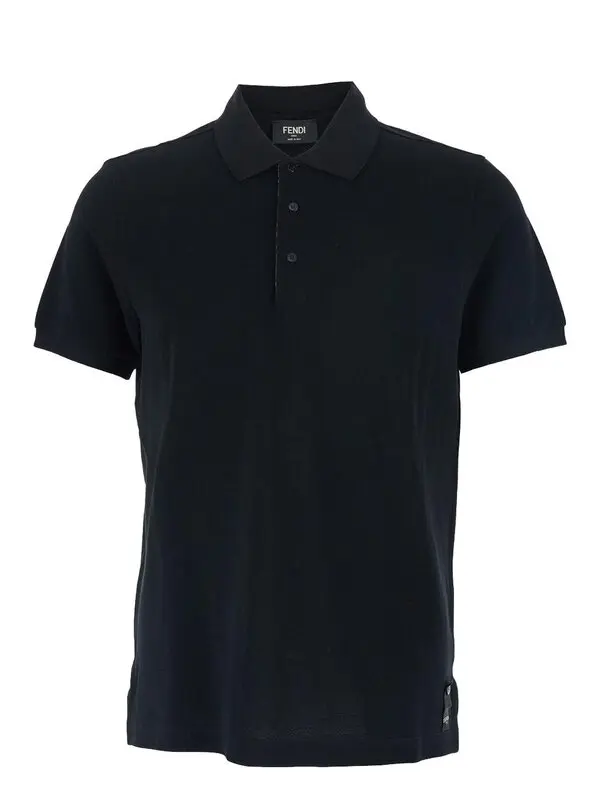 Fendi Polo Shirt With Logo Patch On The Front In Cotton Pique - Black