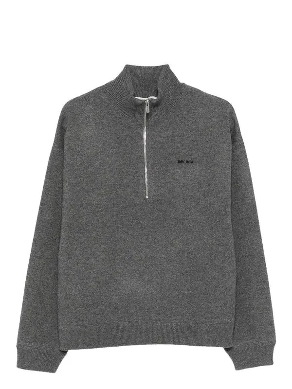 Miu Miu Grey High Neck Zip-up Knit Jumper - Gray