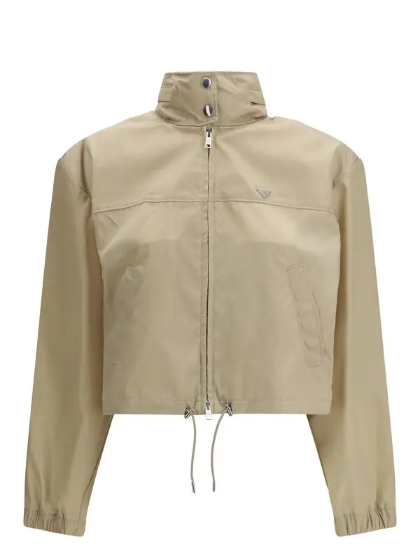 Prada Re-nylon Cropped Jacket With High Neck And Drawstring Hem - Cream