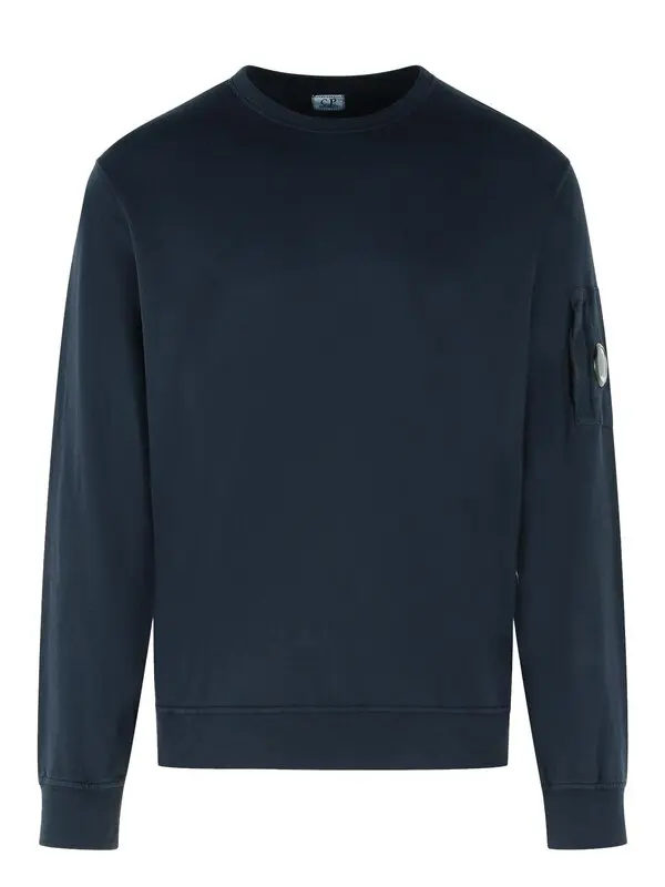 C.P. COMPANY Cotton Crew Neck Sweatshirt With Zip Sleeve Pocket And Lens Appliqu - Blue