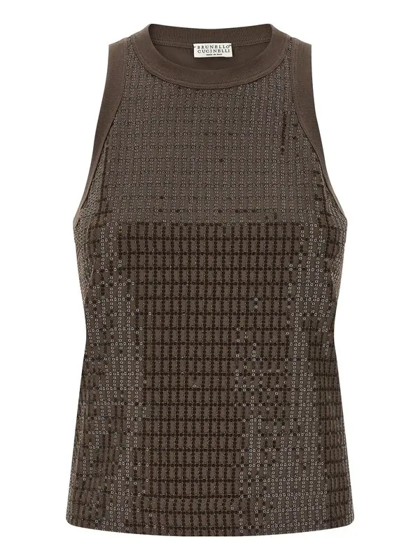 Brunello Cucinelli Dazzling Check Embroidery Sequined Top - Brown
