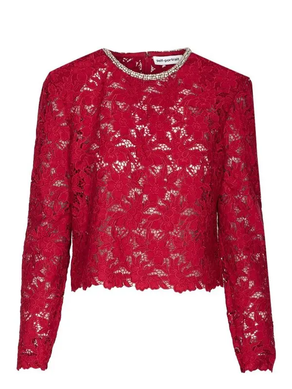 SELF-PORTRAIT Lace Crystal Embellished Crew Neck Long Sleeve Top - Red