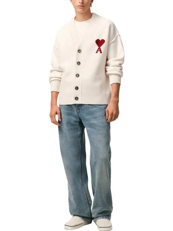 Ami Off-white Wool Knit V-neck Cardigan With Embroidered Logo - Cream
