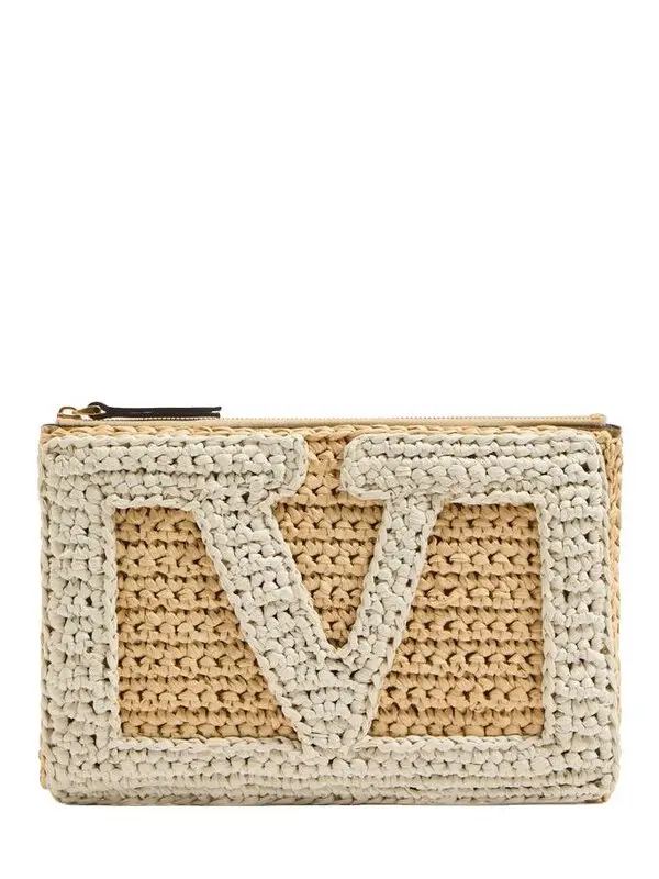 Valentino Garavani Raffia Clutch With Vlogo Signature - Cream