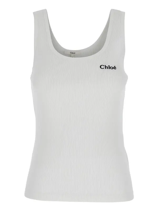 Chloé White Cotton Embroidered Logo Tank Top - Multicolor
