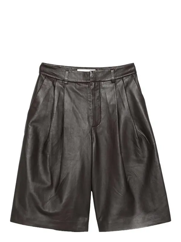 YVES SALOMON Leather Pleated Knee-length Shorts - Brown