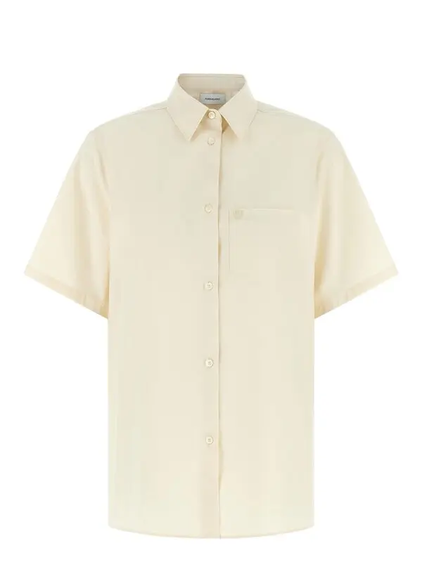 FERRAGAMO Gancini Embroidered Cotton Silk Blend Shirt - Cream