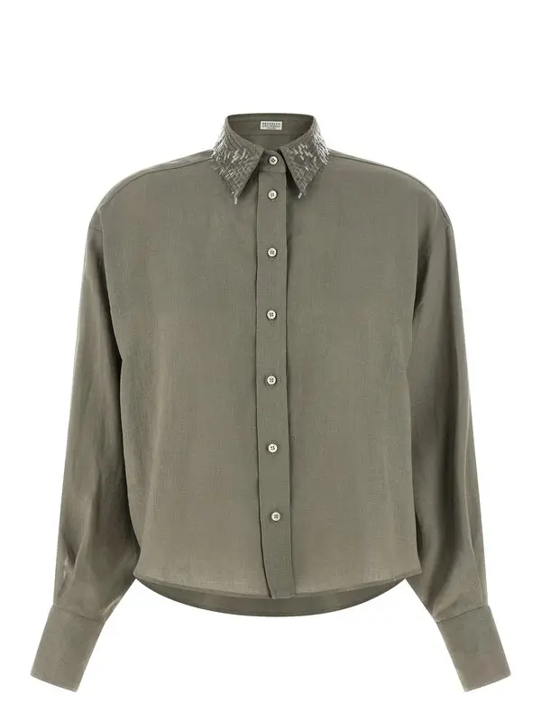 Brunello Cucinelli Linen Shirt With Sequin Collar - Green