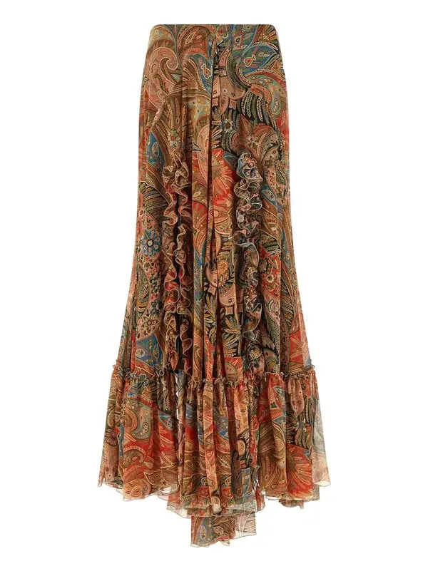 Etro Paisley Foliage Print Silk Chiffon Maxi Skirt - Orange